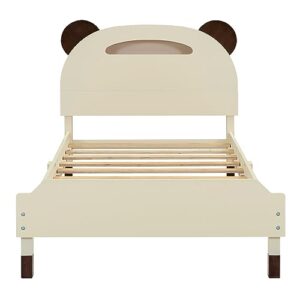 Prohon Wood Bed Frame Twin Size with Bear-Shaped Headboard & Motion Activated Night Lights, Platform Bed with 7.9" Underbed Storage, Cute Bedframe for Kids Boys Girls, No Box Spring Needed, Cream