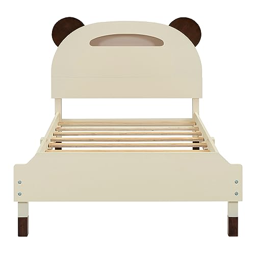 Prohon Wood Bed Frame Twin Size with Bear-Shaped Headboard & Motion Activated Night Lights, Platform Bed with 7.9" Underbed Storage, Cute Bedframe for Kids Boys Girls, No Box Spring Needed, Cream