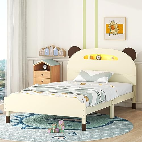 Prohon Wood Bed Frame Twin Size with Bear-Shaped Headboard & Motion Activated Night Lights, Platform Bed with 7.9" Underbed Storage, Cute Bedframe for Kids Boys Girls, No Box Spring Needed, Cream