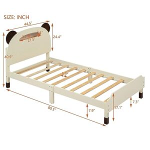 Prohon Wood Bed Frame Twin Size with Bear-Shaped Headboard & Motion Activated Night Lights, Platform Bed with 7.9" Underbed Storage, Cute Bedframe for Kids Boys Girls, No Box Spring Needed, Cream