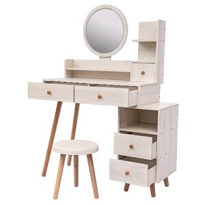 rose bloom vanity table set with led lighted mirror, makeup desk with cushioned stool, white dressing table with storage cabinet and 5 drawers, adjustable stylish desk makeup furniture for bedroom