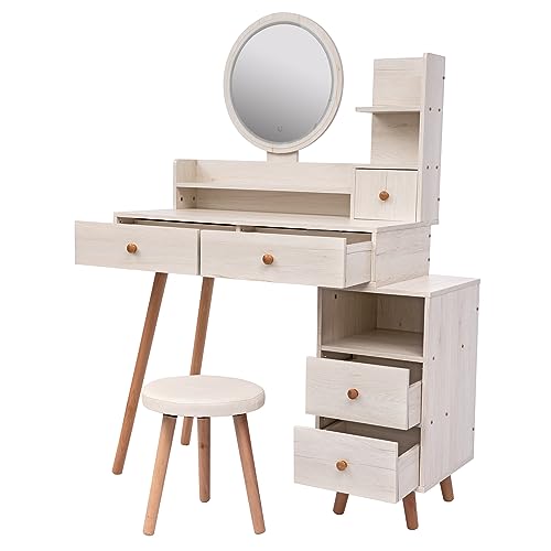 ROSE BLOOM Vanity Table Set with LED Lighted Mirror, Makeup Desk with Cushioned Stool, White Dressing Table with Storage Cabinet and 5 Drawers, Adjustable Stylish Desk Makeup Furniture for Bedroom