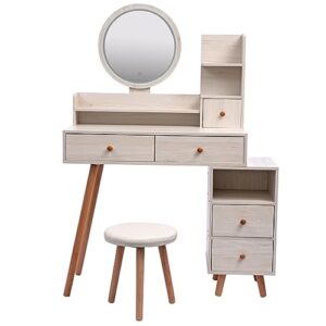 ROSE BLOOM Vanity Table Set with LED Lighted Mirror, Makeup Desk with Cushioned Stool, White Dressing Table with Storage Cabinet and 5 Drawers, Adjustable Stylish Desk Makeup Furniture for Bedroom