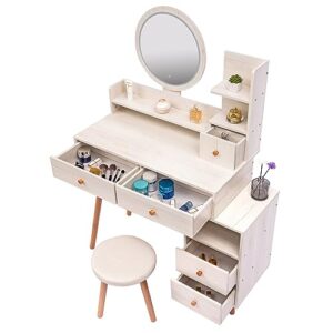 ROSE BLOOM Vanity Table Set with LED Lighted Mirror, Makeup Desk with Cushioned Stool, White Dressing Table with Storage Cabinet and 5 Drawers, Adjustable Stylish Desk Makeup Furniture for Bedroom