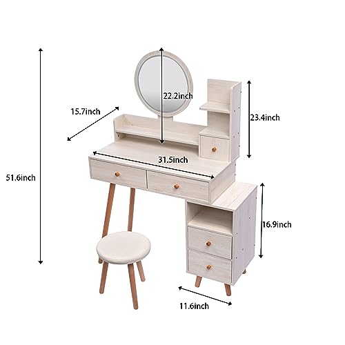 ROSE BLOOM Vanity Table Set with LED Lighted Mirror, Makeup Desk with Cushioned Stool, White Dressing Table with Storage Cabinet and 5 Drawers, Adjustable Stylish Desk Makeup Furniture for Bedroom