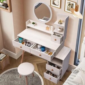 ROSE BLOOM Vanity Table Set with LED Lighted Mirror, Makeup Desk with Cushioned Stool, White Dressing Table with Storage Cabinet and 5 Drawers, Adjustable Stylish Desk Makeup Furniture for Bedroom