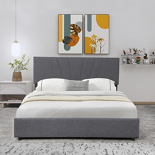 HAUSHECK Upholstered Platform Bed Full Size - Bed Frame with Headboard & Hydraulic Storage System, Wooden Slats Support Mattress Foundation, Modern Linen Fabric Bed Frames No Box Spring Needed