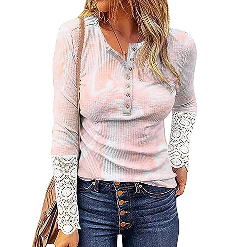 Lmzaren Long Sleeve Tops for Women Stitching Lace Sleeve Sweatshirt Sweater Slim Pullover Round Neck Tops Long Sleeve Cotton Shirts for Women Long Sleeve Tops for Women（5-Fluorescent Green,Large）