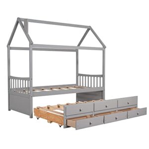 TARTOP Twin Size House Bed with Trundle and 3 Storage Drawers, Twin Captain's Beds Wooden Storage Daybed Frame for Kids Teens Boys Girls,Gray