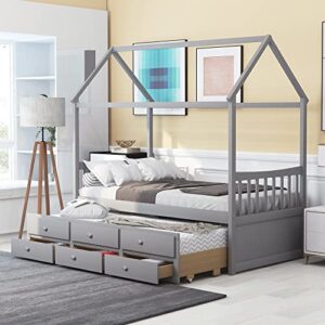 tartop twin size house bed with trundle and 3 storage drawers, twin captain's beds wooden storage daybed frame for kids teens boys girls,gray