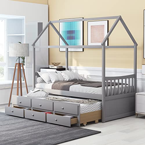 TARTOP Twin Size House Bed with Trundle and 3 Storage Drawers, Twin Captain's Beds Wooden Storage Daybed Frame for Kids Teens Boys Girls,Gray