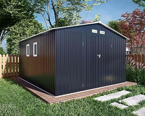 VanAcc 10x12x7.5 FT Outdoor Storage Shed, Galvanized Steel Metal Garden Sheds Kit with 2 Light Transmitting Window and Double Lockable Door, Oversized Tool Sheds for Backyard Patio Dark Grey/White