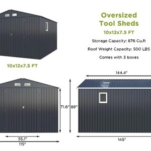 VanAcc 10x12x7.5 FT Outdoor Storage Shed, Galvanized Steel Metal Garden Sheds Kit with 2 Light Transmitting Window and Double Lockable Door, Oversized Tool Sheds for Backyard Patio Dark Grey/White