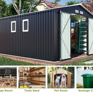 VanAcc 10x12x7.5 FT Outdoor Storage Shed, Galvanized Steel Metal Garden Sheds Kit with 2 Light Transmitting Window and Double Lockable Door, Oversized Tool Sheds for Backyard Patio Dark Grey/White