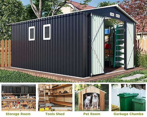 VanAcc 10x12x7.5 FT Outdoor Storage Shed, Galvanized Steel Metal Garden Sheds Kit with 2 Light Transmitting Window and Double Lockable Door, Oversized Tool Sheds for Backyard Patio Dark Grey/White