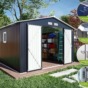 VanAcc 10x12x7.5 FT Outdoor Storage Shed, Galvanized Steel Metal Garden Sheds Kit with 2 Light Transmitting Window and Double Lockable Door, Oversized Tool Sheds for Backyard Patio Dark Grey/White