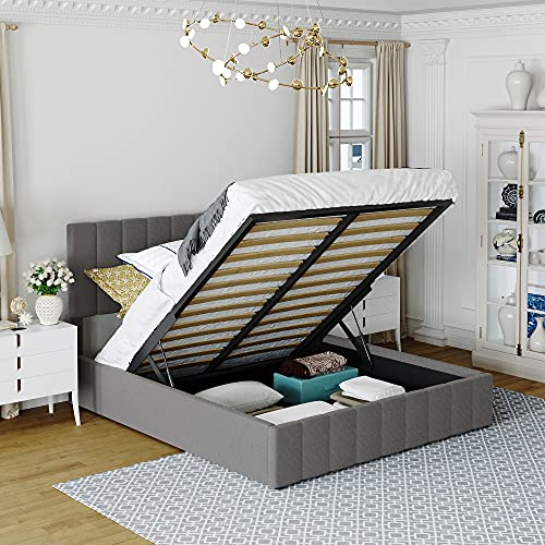 TARTOP Queen Upholstered Platform Bed with Gas Lift up Storage, Queen Bed Frame with Storage Underneath and Tufted Headboard, Wooden Platform Bed with Hydraulic Storage System,Gray