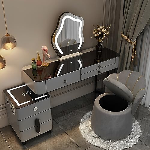 Winfree Smart Makeup Desk,Multifunction Vanity Table Set with 5 Drawers, LED Light Makeup Mirror and Storage Chair, Vanity Set with Adjustable Lighted Mirror for Girls(Noble Gray) (47.2in)