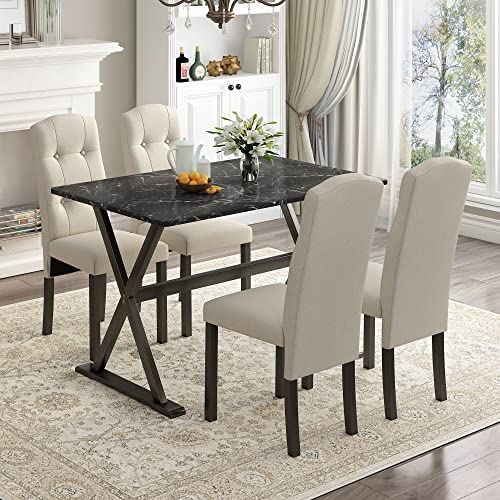 EMKK 5-Piece Dining Table Set with Faux Marble Tabletop and Upholstered Chairs for 4, Solid Wood Kitchen TableSet,Home,Hotel or Bar, Black+Beige