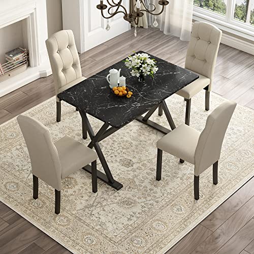 EMKK 5-Piece Dining Table Set with Faux Marble Tabletop and Upholstered Chairs for 4, Solid Wood Kitchen TableSet,Home,Hotel or Bar, Black+Beige