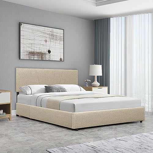 dingdongBroMetal Bed Frame, Enhanced with Thick Wooden Slats, Pneumatic Lift System, and Effortless Assembly, Ensuring a Comfortable Sleep Experience (Light Beige, Queen)