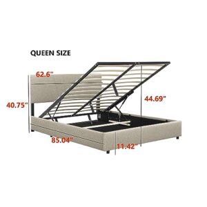 dingdongBroMetal Bed Frame, Enhanced with Thick Wooden Slats, Pneumatic Lift System, and Effortless Assembly, Ensuring a Comfortable Sleep Experience (Light Beige, Queen)