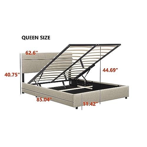 dingdongBroMetal Bed Frame, Enhanced with Thick Wooden Slats, Pneumatic Lift System, and Effortless Assembly, Ensuring a Comfortable Sleep Experience (Light Beige, Queen)