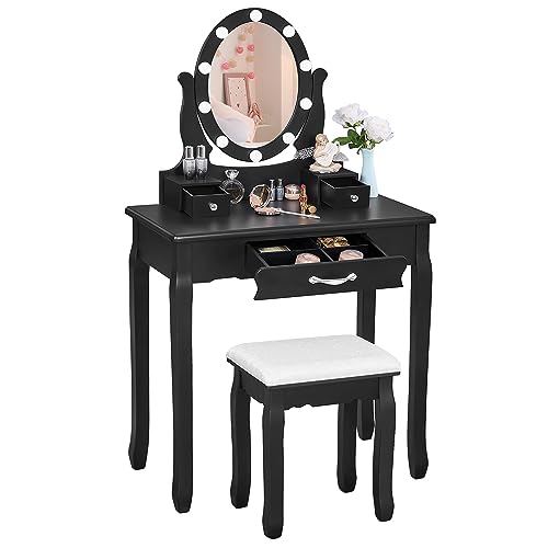 ANWBROAD Makeup Vanity Desk Vanity Set with LED Lighted Mirror Makeup Table Set 10 LED Dimmable Bulbs Cushioned Stool 3 Drawers 3 Dividers for Bedroom Makeup Jewellery Storage Set Black UBDT12B