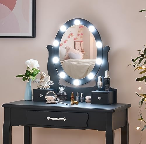 ANWBROAD Makeup Vanity Desk Vanity Set with LED Lighted Mirror Makeup Table Set 10 LED Dimmable Bulbs Cushioned Stool 3 Drawers 3 Dividers for Bedroom Makeup Jewellery Storage Set Black UBDT12B