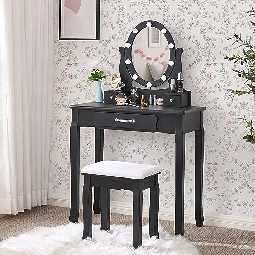 ANWBROAD Makeup Vanity Desk Vanity Set with LED Lighted Mirror Makeup Table Set 10 LED Dimmable Bulbs Cushioned Stool 3 Drawers 3 Dividers for Bedroom Makeup Jewellery Storage Set Black UBDT12B