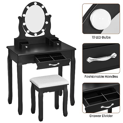 ANWBROAD Makeup Vanity Desk Vanity Set with LED Lighted Mirror Makeup Table Set 10 LED Dimmable Bulbs Cushioned Stool 3 Drawers 3 Dividers for Bedroom Makeup Jewellery Storage Set Black UBDT12B