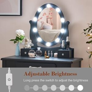 ANWBROAD Makeup Vanity Desk Vanity Set with LED Lighted Mirror Makeup Table Set 10 LED Dimmable Bulbs Cushioned Stool 3 Drawers 3 Dividers for Bedroom Makeup Jewellery Storage Set Black UBDT12B