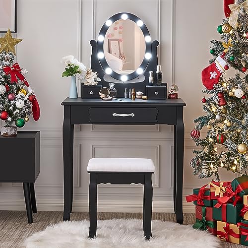 ANWBROAD Makeup Vanity Desk Vanity Set with LED Lighted Mirror Makeup Table Set 10 LED Dimmable Bulbs Cushioned Stool 3 Drawers 3 Dividers for Bedroom Makeup Jewellery Storage Set Black UBDT12B