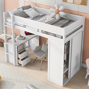 biadnbz twin size wood loft bed with desk and wardrobe, 2 drawers, wooden high loftbed frame w/a open storage cabinet, for kids teens bedroom dorm, white