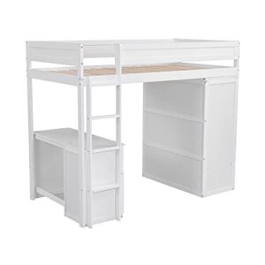 BIADNBZ Twin Size Wood Loft Bed with Desk and Wardrobe, 2 Drawers, Wooden High Loftbed Frame w/A Open Storage Cabinet, for Kids Teens Bedroom Dorm, White