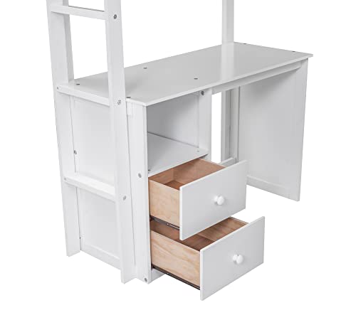 BIADNBZ Twin Size Wood Loft Bed with Desk and Wardrobe, 2 Drawers, Wooden High Loftbed Frame w/A Open Storage Cabinet, for Kids Teens Bedroom Dorm, White