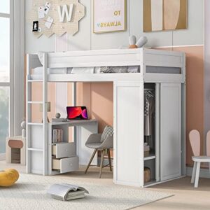 BIADNBZ Twin Size Wood Loft Bed with Desk and Wardrobe, 2 Drawers, Wooden High Loftbed Frame w/A Open Storage Cabinet, for Kids Teens Bedroom Dorm, White