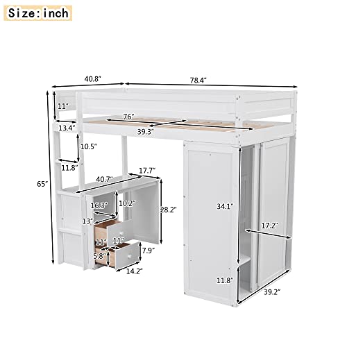 BIADNBZ Twin Size Wood Loft Bed with Desk and Wardrobe, 2 Drawers, Wooden High Loftbed Frame w/A Open Storage Cabinet, for Kids Teens Bedroom Dorm, White