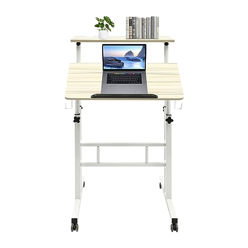 LOHISHILO Mobile Stand Up Desk Adjustable Laptop Desk with Wheels Storage Rolling Table Cart for Standing or Sitting, for Home Office Workstation, Oak, 27.5-45.3in