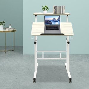 LOHISHILO Mobile Stand Up Desk Adjustable Laptop Desk with Wheels Storage Rolling Table Cart for Standing or Sitting, for Home Office Workstation, Oak, 27.5-45.3in