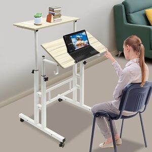 LOHISHILO Mobile Stand Up Desk Adjustable Laptop Desk with Wheels Storage Rolling Table Cart for Standing or Sitting, for Home Office Workstation, Oak, 27.5-45.3in