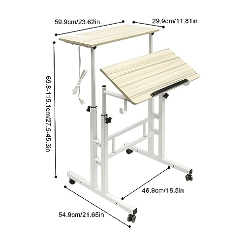 LOHISHILO Mobile Stand Up Desk Adjustable Laptop Desk with Wheels Storage Rolling Table Cart for Standing or Sitting, for Home Office Workstation, Oak, 27.5-45.3in