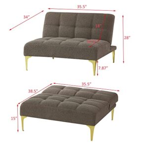 Modern Futon Sofa Single Sofá Chair Convertible Sleeper Couch Bed Daybed Gold Metal Legs Teddy Fabric for Living Room Apartment Small Space Versatile Sleep Lounge Area Weight Capacity 300 lbs Taupe