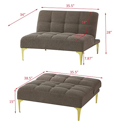 Modern Futon Sofa Single Sofá Chair Convertible Sleeper Couch Bed Daybed Gold Metal Legs Teddy Fabric for Living Room Apartment Small Space Versatile Sleep Lounge Area Weight Capacity 300 lbs Taupe