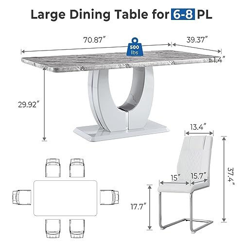 Tatub 70.87" Modern Dining Table Set for 6-8, Faux Marble Dining Table with 6 PU Leather Chairs, Rectangular Dining Room Table with Grey Marble Tabletop for Dining Room, Kitchen, Living Room