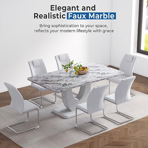 Tatub 70.87" Modern Dining Table Set for 6-8, Faux Marble Dining Table with 6 PU Leather Chairs, Rectangular Dining Room Table with Grey Marble Tabletop for Dining Room, Kitchen, Living Room