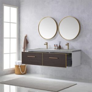 VINNOVA Caparroso 60" Grey Sintered Stone Single Sink Bath Vanity Dark Walnut w/Mirror