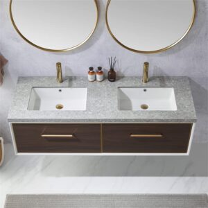 VINNOVA Caparroso 60" Grey Sintered Stone Single Sink Bath Vanity Dark Walnut w/Mirror