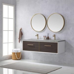 VINNOVA Caparroso 60" Grey Sintered Stone Single Sink Bath Vanity Dark Walnut w/Mirror