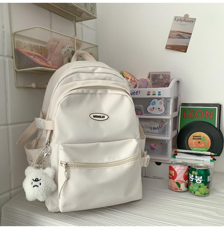 IECSHDU Kawaii Aesthetic Laptop Backpack Large Capacity Casual Daypack Cute Plush Pendant Simple Design Laptop Bag Supplies (Beige/White)